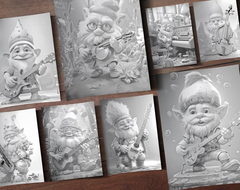 38 Melody Gnomes Digital Coloring Book, Gnomes With Music Instruments ...