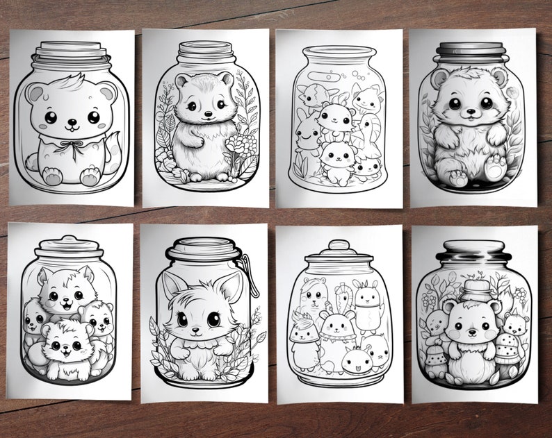 80 Cute Animals in Jar Digital Coloring Book, Kawaii Animals in Glass ...
