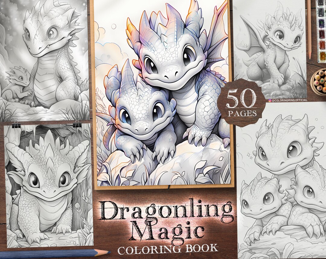 50 Dragonling Magic Digital Coloring Book, Cute Baby Dragons Coloring Pages, Dragon Castle ...