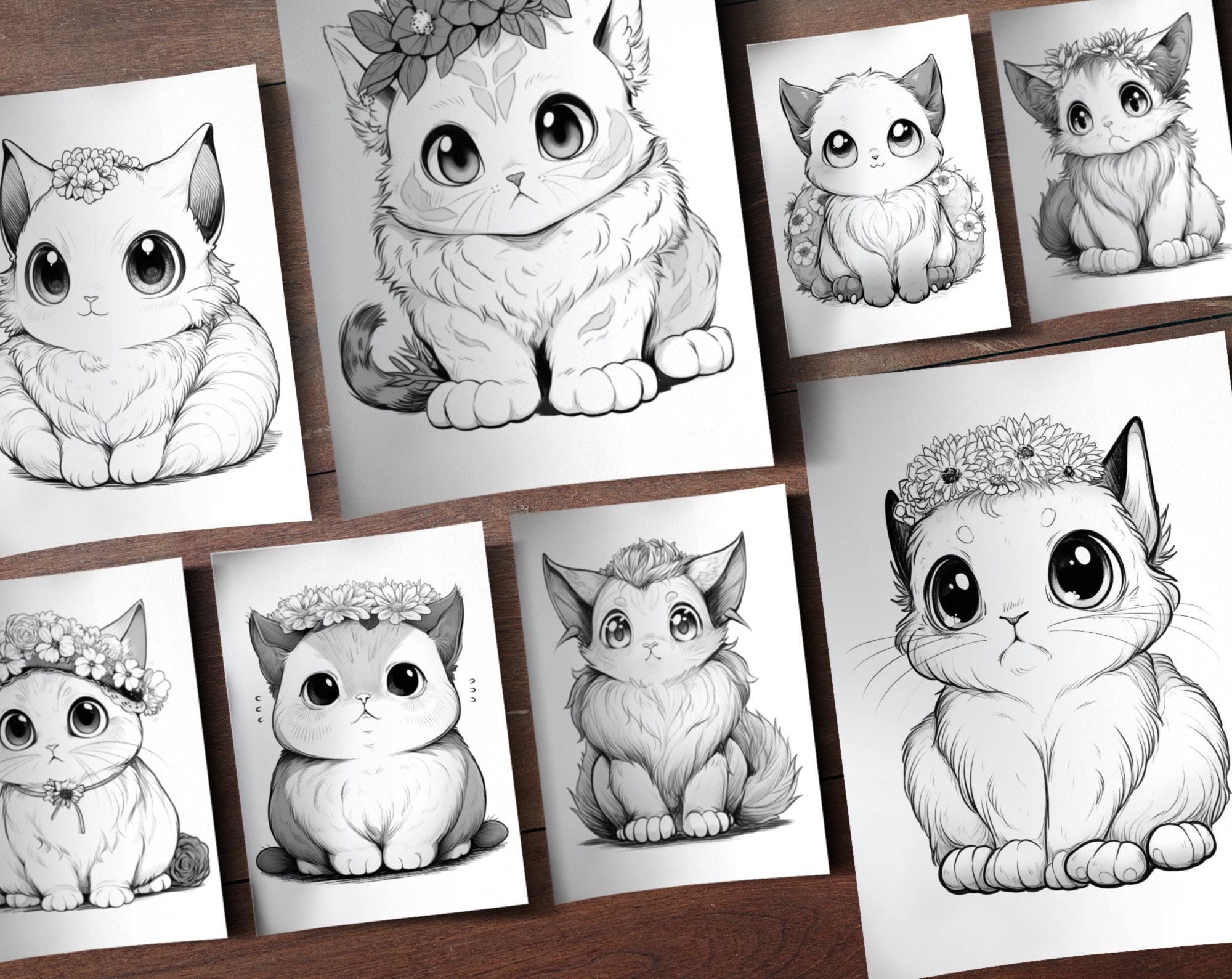 39 Kawaii Kitten With Flower Wreath Digital Coloring Book, Floral Cat ...