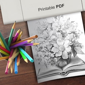 50 Floral Books Digital Coloring Book, Book Flowers Coloring Pages ...