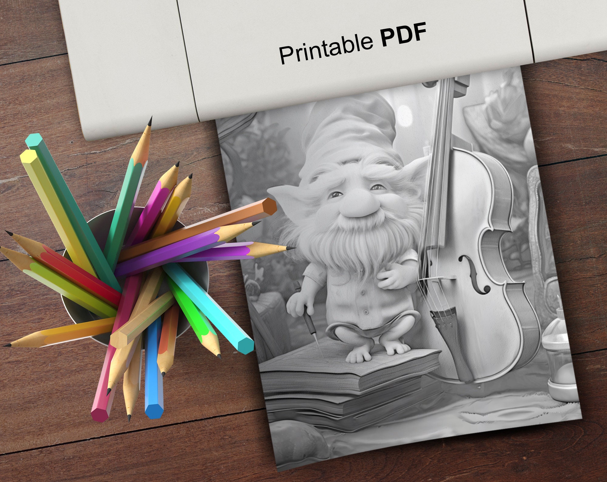 38 Melody Gnomes Digital Coloring Book, Gnomes With Music Instruments ...