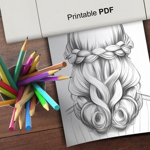 60 Curls Hairstyles Digital Coloring Book, Fashion Girl Head Hairstyle ...