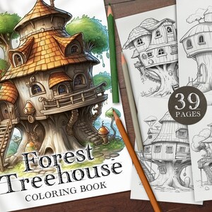 58 Forest Treehouse Digital Coloring Book, Fairy House on a Tree ...