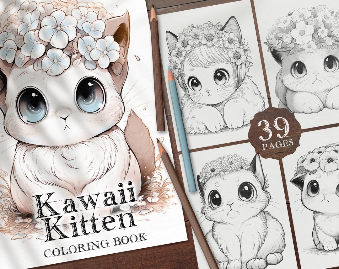 39 Kawaii Kitten With Flower Wreath Digital Coloring Book, Floral Cat ...