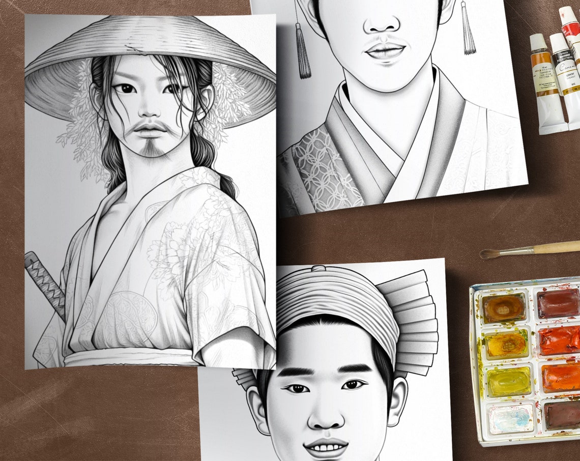 44 Japanese Men in Traditional Clothes Digital Coloring Book Part-1 ...