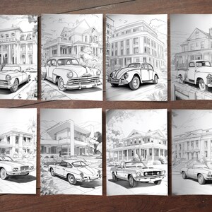 49 Retro Cars With Luxury House Digital Coloring Book, Vintage Cars ...