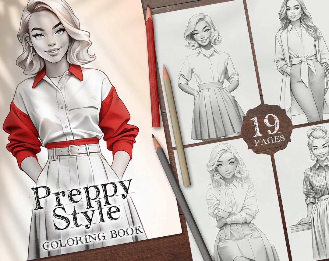 19 Fashion Girls in Preppy Style Digital Coloring Book, Clothing Girls ...