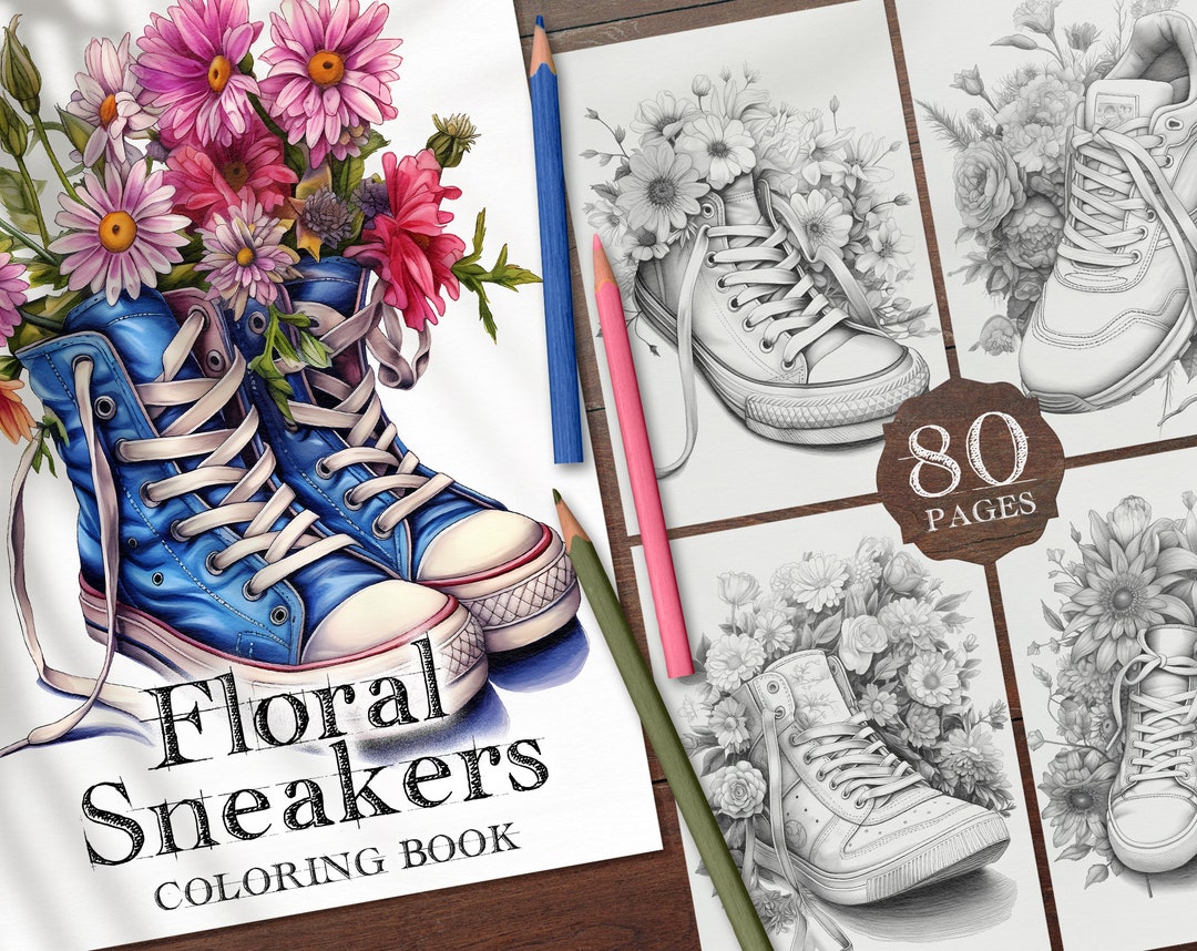 80 Floral Sneakers Digital Coloring Book, Floral Shoes Coloring Pages ...