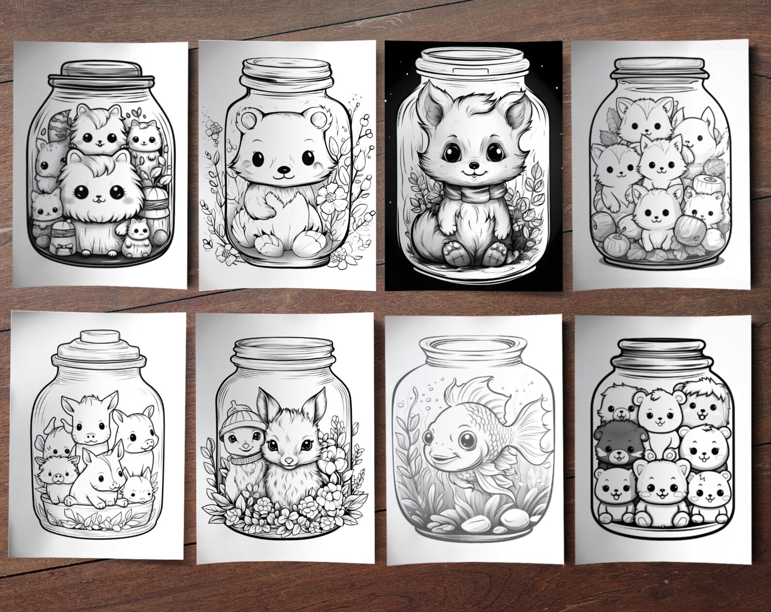 80 Cute Animals in Jar Digital Coloring Book, Kawaii Animals in Glass ...
