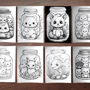 80 Cute Animals in Jar Digital Coloring Book, Kawaii Animals in Glass ...