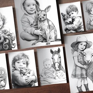 55 Animal Hugs Digital Coloring Book, Beautiful Cute Girl With Animals ...