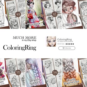 60 Curls Hairstyles Digital Coloring Book, Fashion Girl Head Hairstyle ...