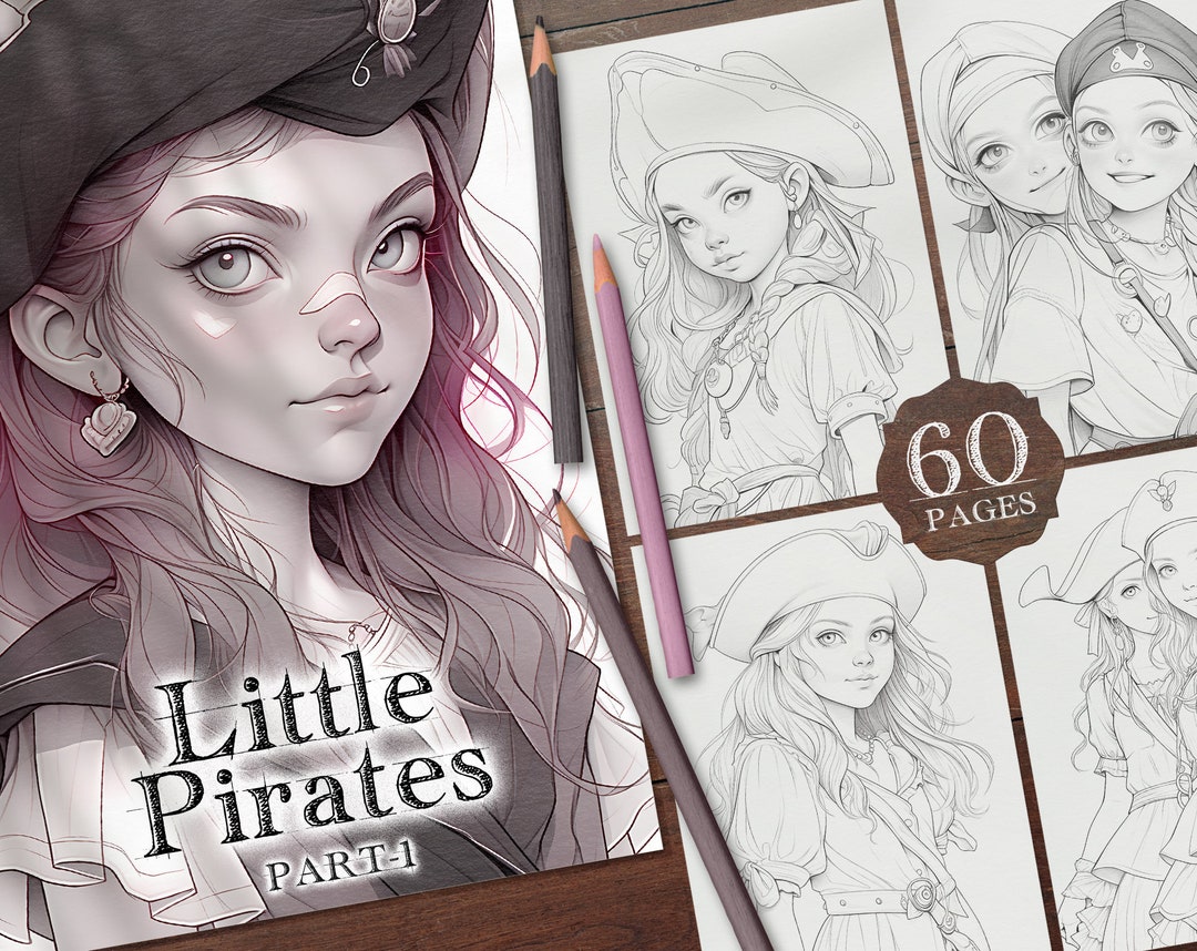 60 Little Pirates Digital Coloring Book, Cute Pirate Girl Coloring ...