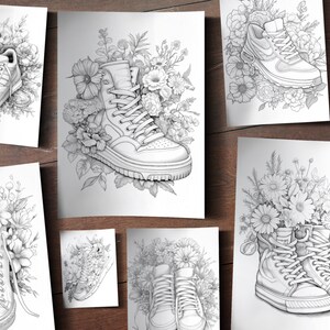 80 Floral Sneakers Digital Coloring Book, Floral Shoes Coloring Pages ...