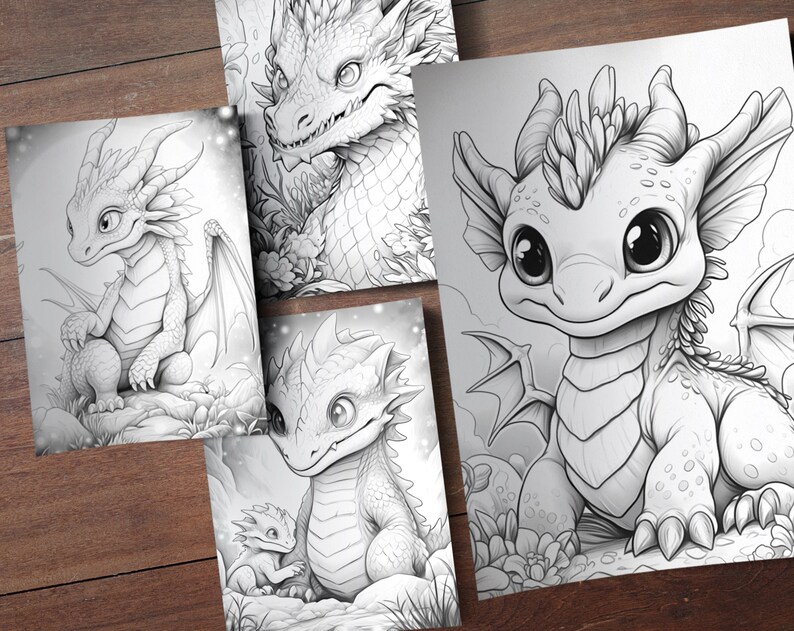 50 Dragonling Magic Digital Coloring Book, Cute Baby Dragons Coloring ...