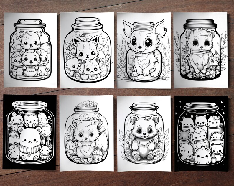 80 Cute Animals in Jar Digital Coloring Book, Kawaii Animals in Glass ...