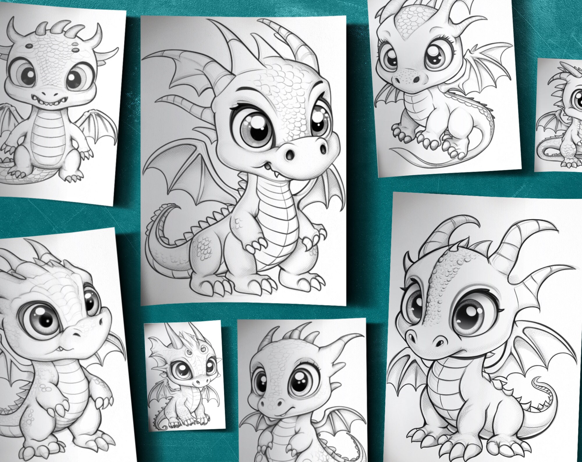 25 Cute Dragons Printable Adult Coloring Book, Baby Dragon Coloring PDF ...