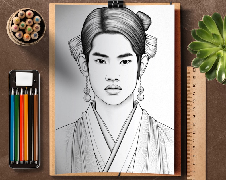 44 Japanese Men in Traditional Clothes Digital Coloring Book Part-1 ...
