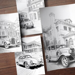 49 Retro Cars With Luxury House Digital Coloring Book, Vintage Cars ...