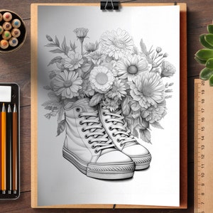 80 Floral Sneakers Digital Coloring Book, Floral Shoes Coloring Pages ...