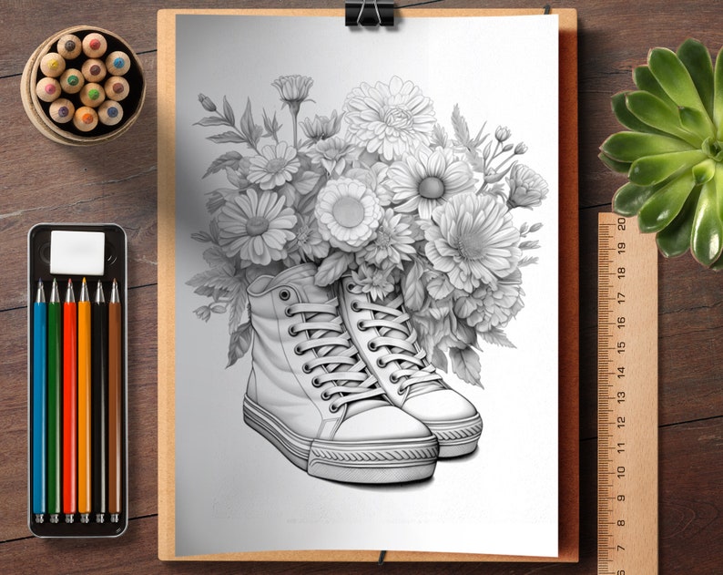 80 Floral Sneakers Digital Coloring Book, Floral Shoes Coloring Pages ...