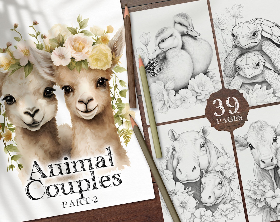 39 Animals Couple Digital Coloring Book (part-2), Cute Animals Coloring ...