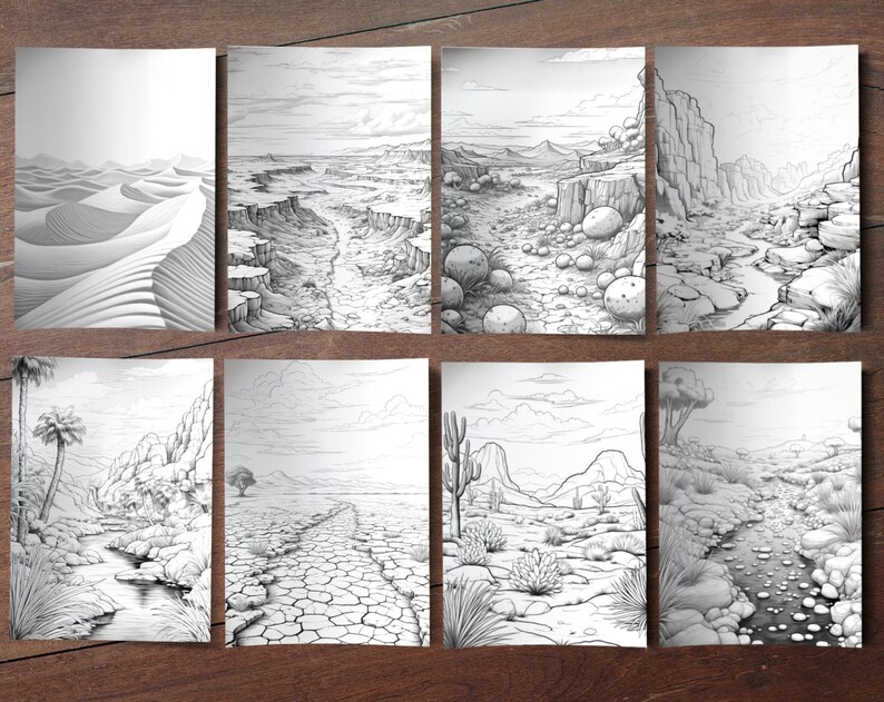 80 Desert Landscape Digital Coloring Book, Grayscale Desert Coloring ...