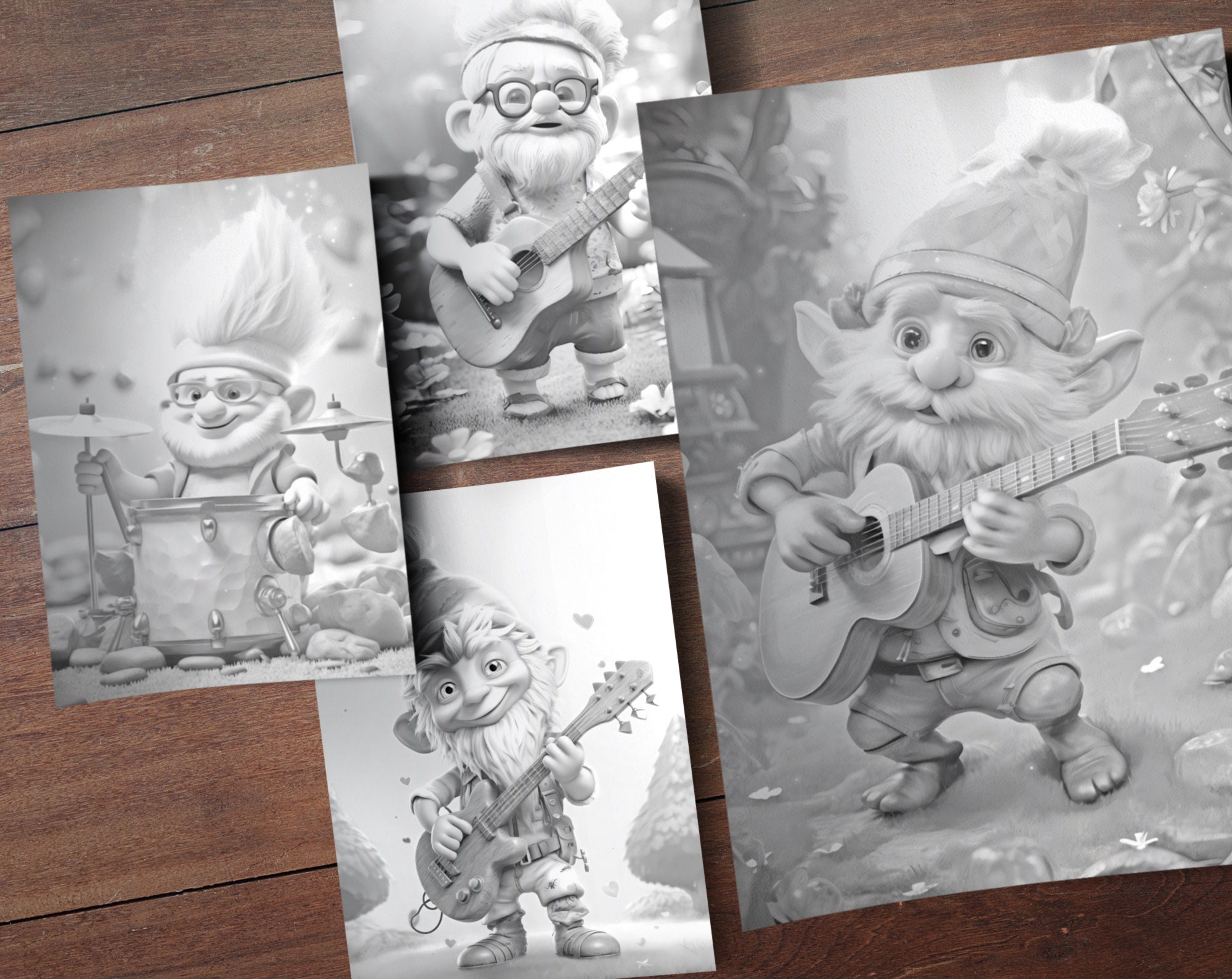 38 Melody Gnomes Digital Coloring Book, Gnomes With Music Instruments ...