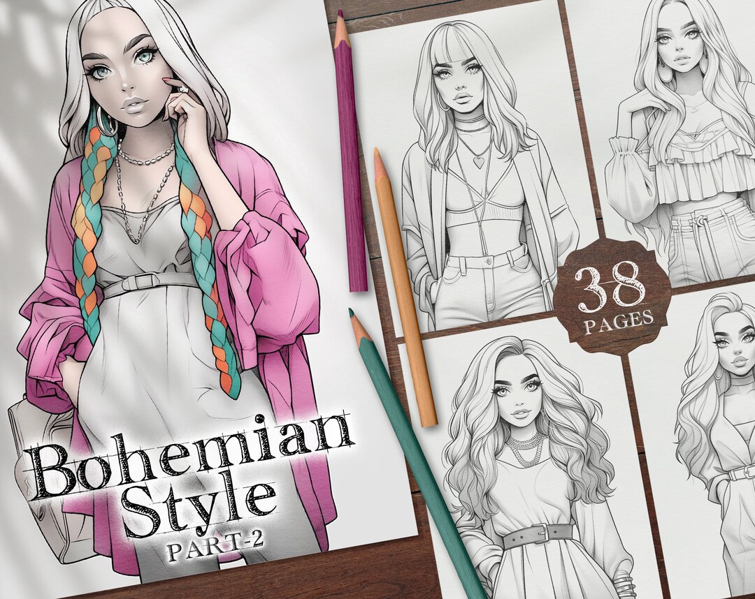 38 Bohemian Style Digital Coloring Book Part-2, Fashion Models Coloring ...