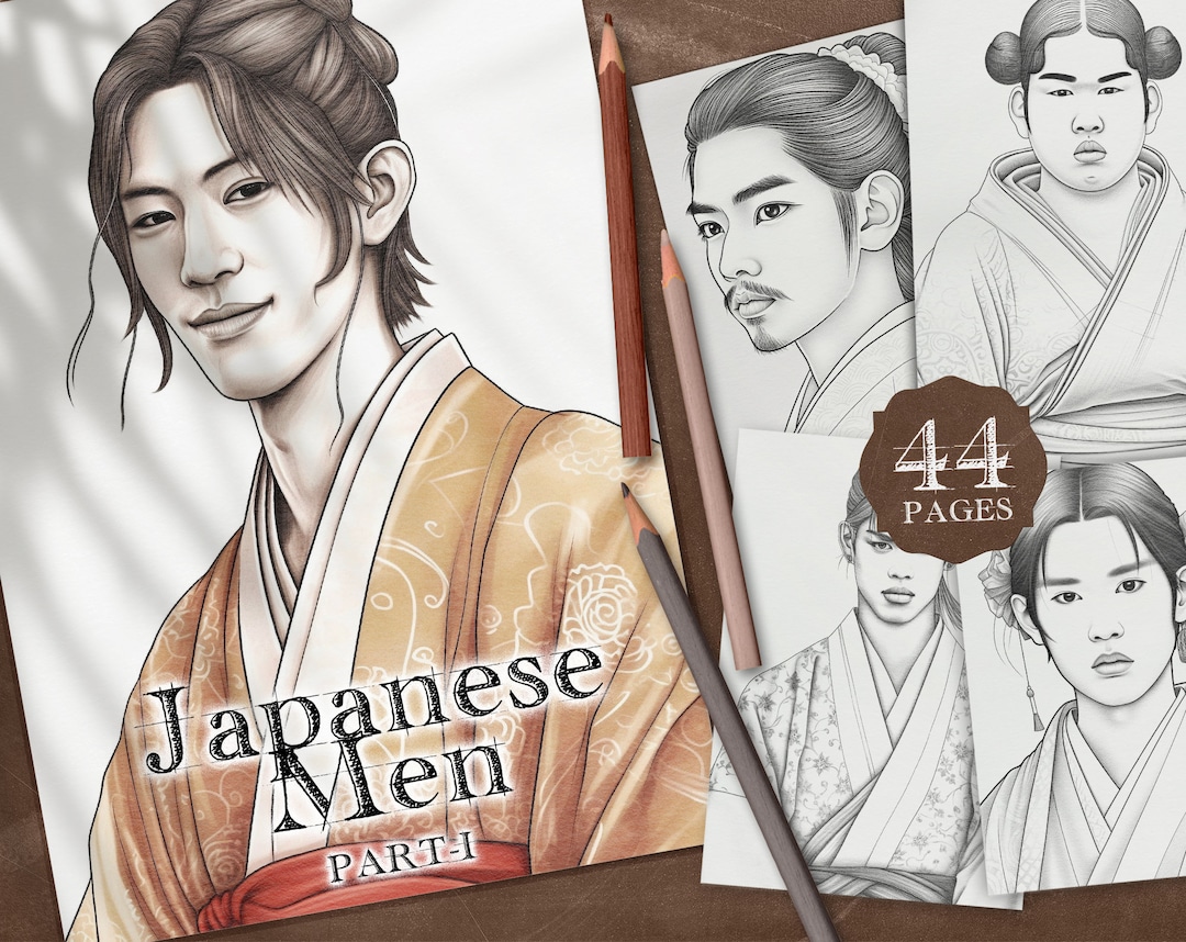 44 Japanese Men in Traditional Clothes Digital Coloring Book Part-1 ...