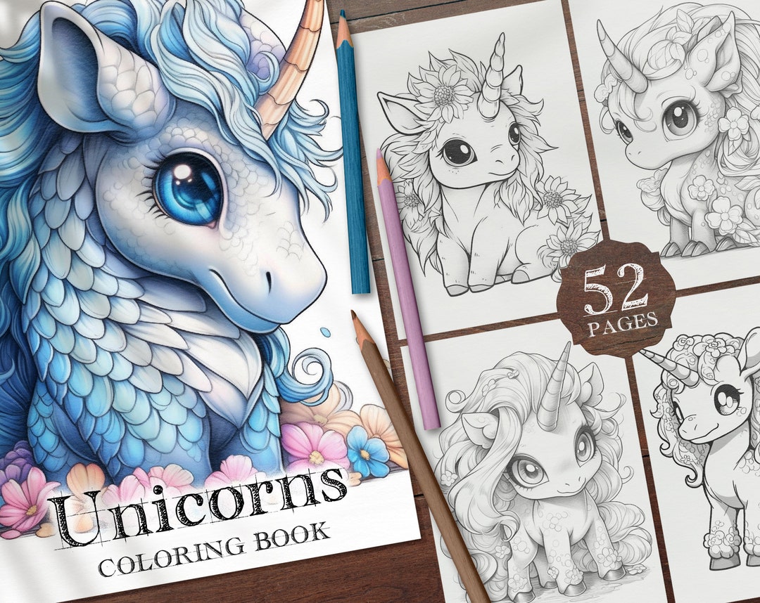52 Cute Unicorns Digital Coloring Book, Realistic Fantasy Unicorn ...