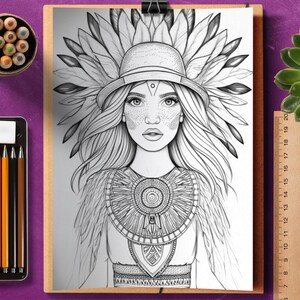 30 Boho Girls Coloring Book Part-1, Floral Boho Girl With Feather ...