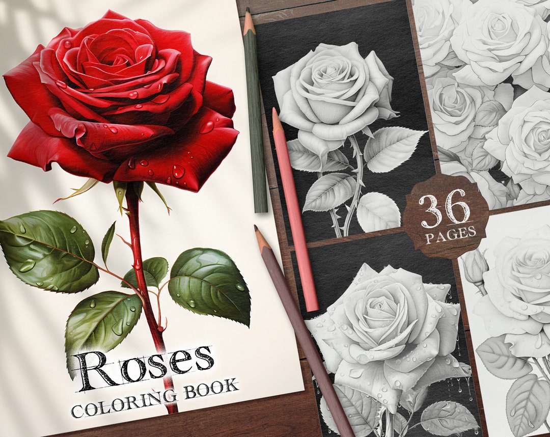 36 Roses Digital Coloring Book, Rose Flowers Coloring Pages, Delicate ...