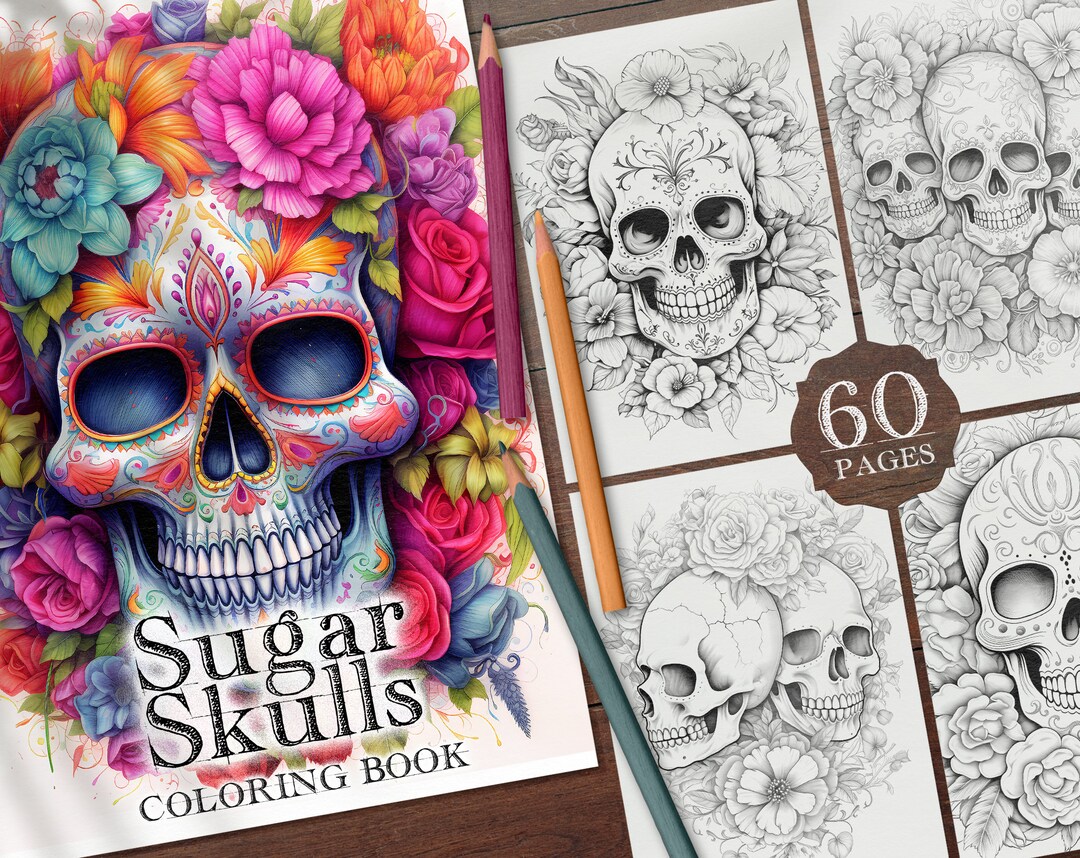60 Sugar Skulls Digital Coloring Book, Mexican Skull Coloring Page ...