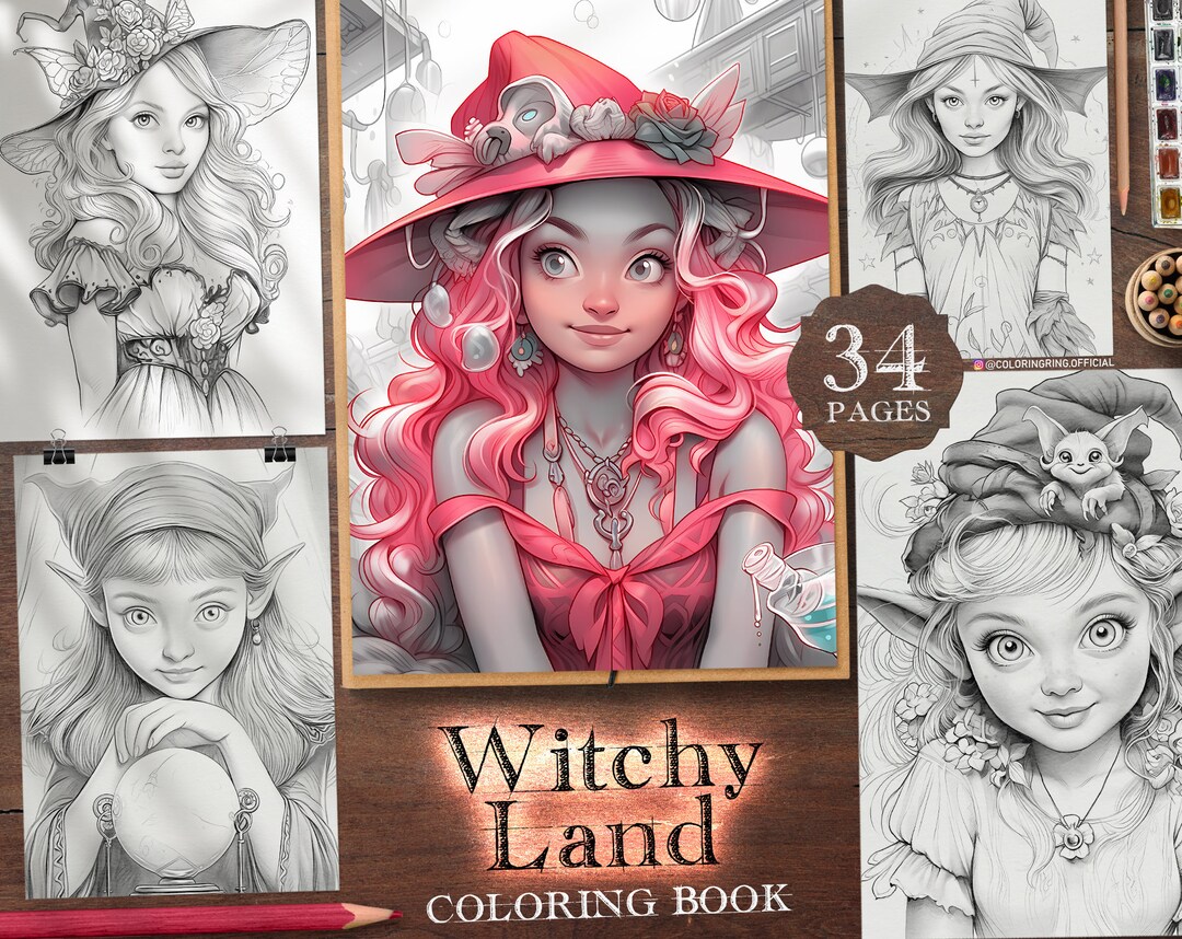 34 Witchy Land Digital Coloring Book, Witches Girl Coloring Pages, Cute ...