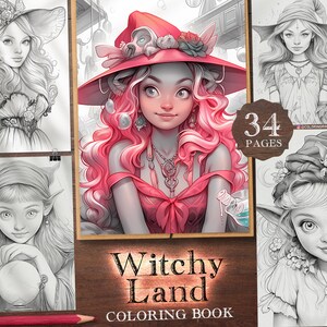 34 Witchy Land Digital Coloring Book, Witches Girl Coloring Pages, Cute ...