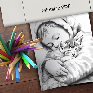 55 Animal Hugs Digital Coloring Book, Beautiful Cute Girl With Animals ...