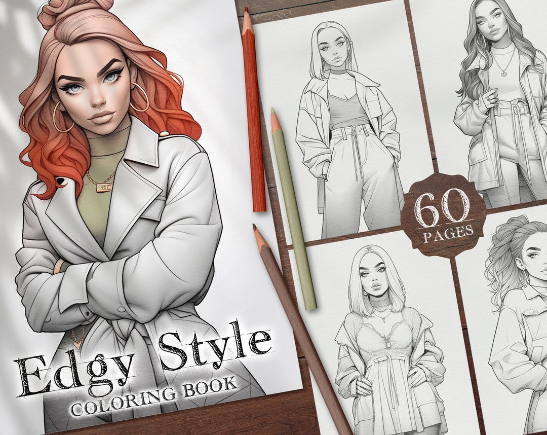60 Beautiful Girl in Edgy Style Fashion Clothes Digital Coloring Book ...