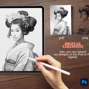 47 Geisha Part-2 Digital Coloring Book, Japanese Geisha Girl Coloring ...