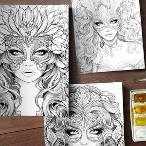 60 Masquerade Girls Digital Coloring Book, Carnival Girl Coloring Pages ...