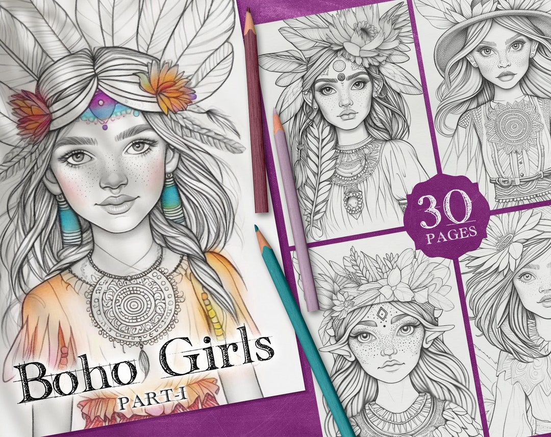 30 Boho Girls Coloring Book Part-1, Floral Boho Girl With Feather ...