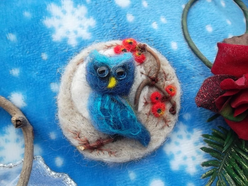 Needle Felted Owl Brooch Blue Bird Pin Wool Felt Animal | Etsy