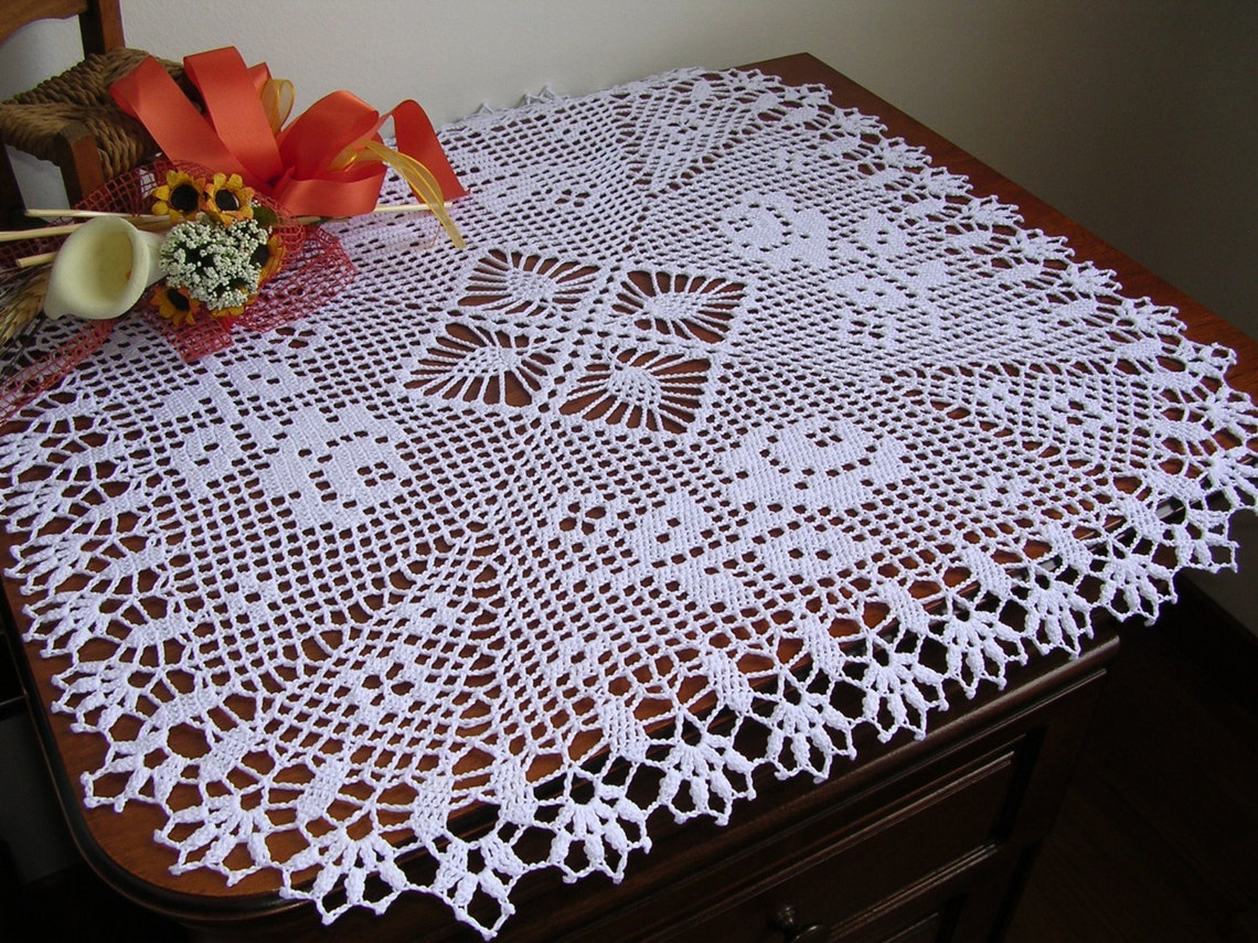 Filet Crochet Square Lace Doily With Roses Pattern White - Etsy