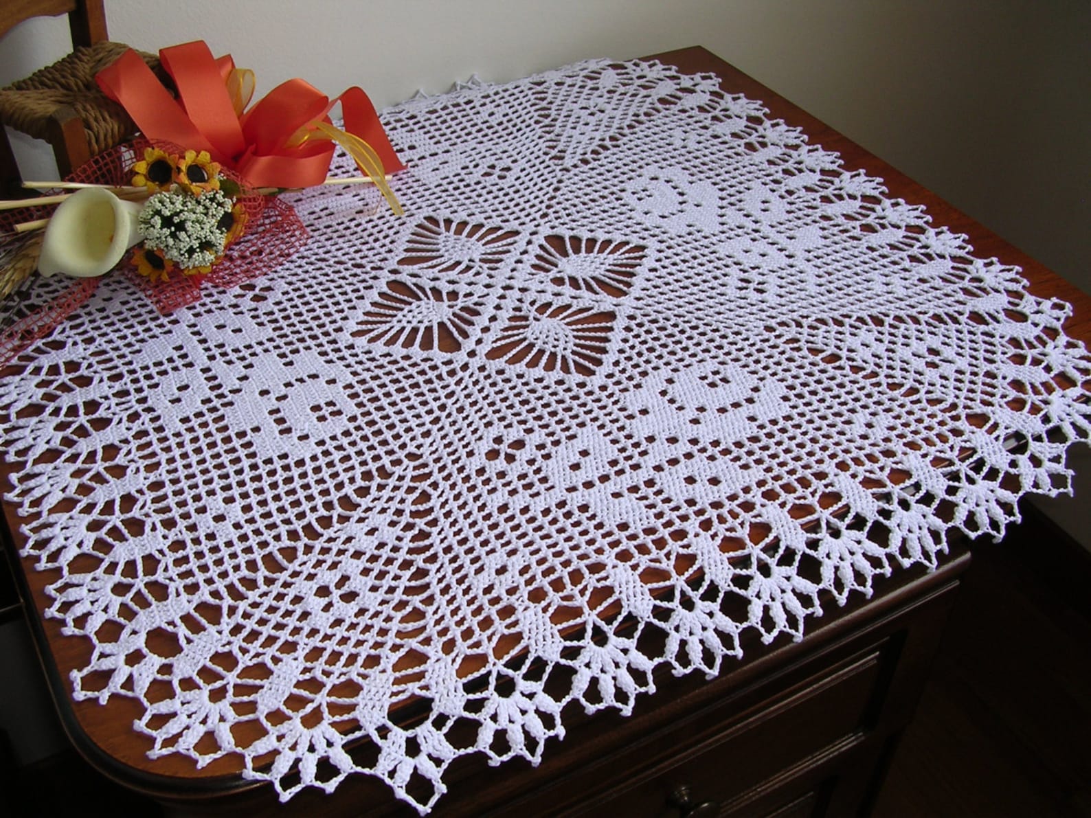 Filet Crochet Square Lace Doily With Roses Pattern White - Etsy