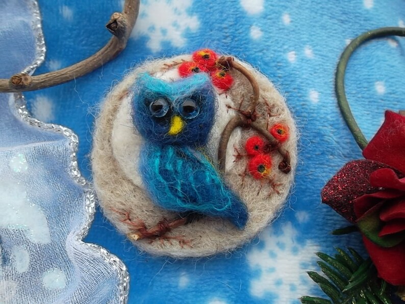 Needle Felted Owl Brooch Blue Bird Pin Wool Felt Animal | Etsy