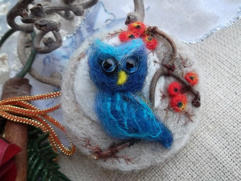 Needle Felted Owl Brooch Blue Bird Pin Wool Felt Animal | Etsy