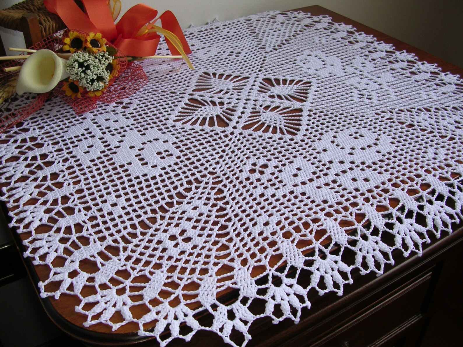 Filet Crochet Square Lace Doily With Roses Pattern White - Etsy
