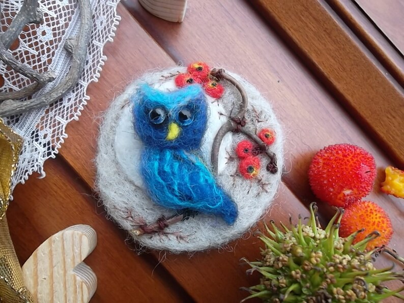 Needle Felted Owl Brooch Blue Bird Pin Wool Felt Animal | Etsy