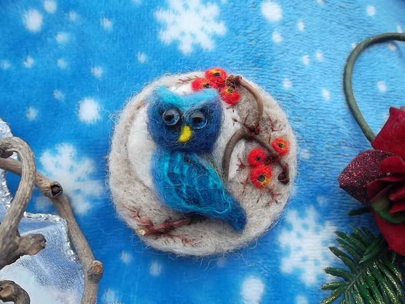 Needle Felted Owl Brooch Blue Bird Pin Wool Felt Animal | Etsy